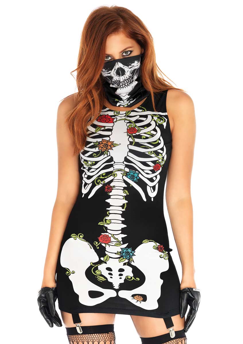 Leg Avenue 2 Piece Skeleton Garter Dress With Floral Skeleton Print And ...
