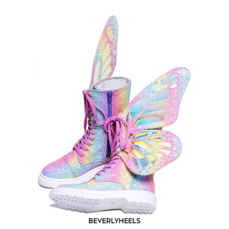 Lib Round Toe Ankle Lace Up Butterfly Wings Boots with Zipper - Pink in ...