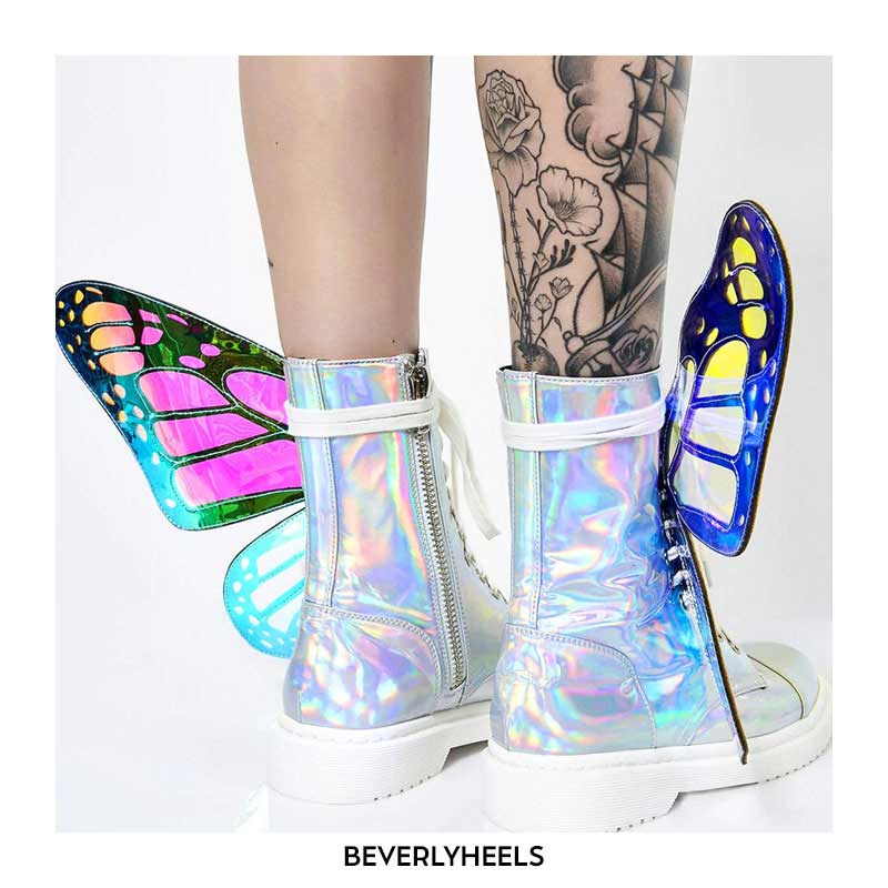 Lib Round Toe Ankle Lace Up Butterfly Wings Boots with Zipper - Silver ...