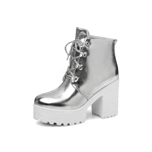 Lib Round Toe Chunky Heels Platforms Ankle High Lace Up Metallic Boots ...
