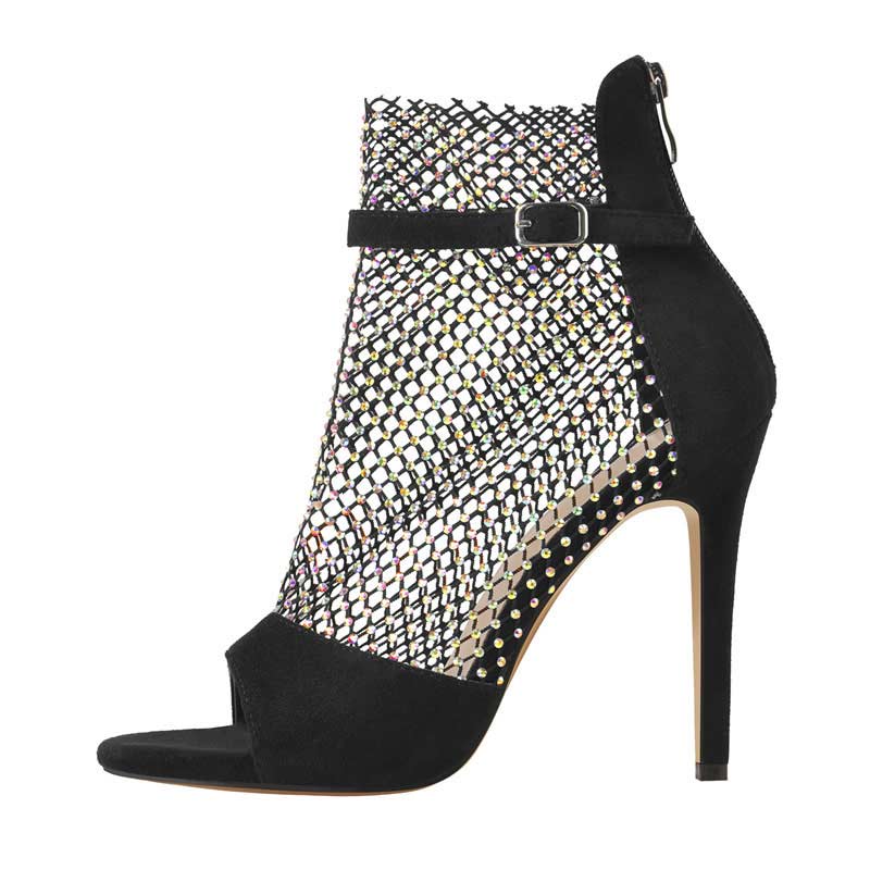 Maken Peep Toe Stiletto Heels Back Zipper Rhinestones Mesh Ankle Buckle ...