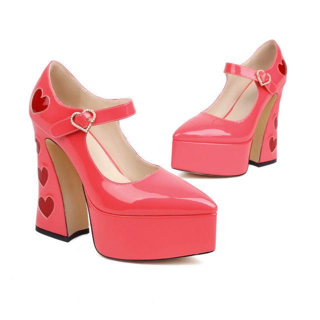 Emma Jones Pointed Toe Chunky Heels Hearts Patchwork Mary Janes Pumps ...