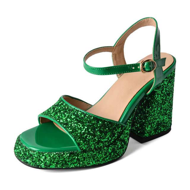 Lib Peep Toe Platforms Chunky Heels Ankle Buckle Straps Sequins Sandals