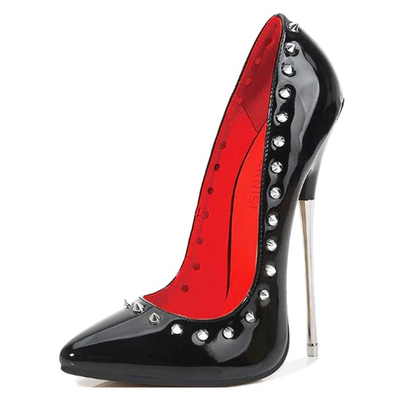 Lib Pointed Toe Stiletto Metal Heels Rivet Decorated Pumps Black Patent In Sexy Heels