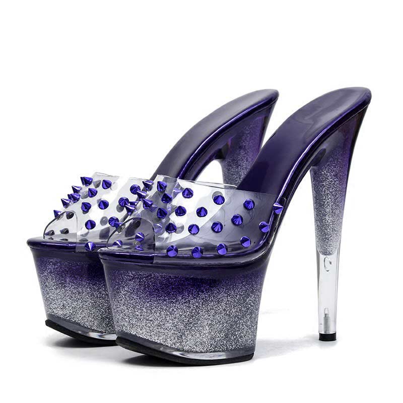 Lib Purple Crystal Rivet Platform Slippers - 5 Inch Clear on Purple and ...
