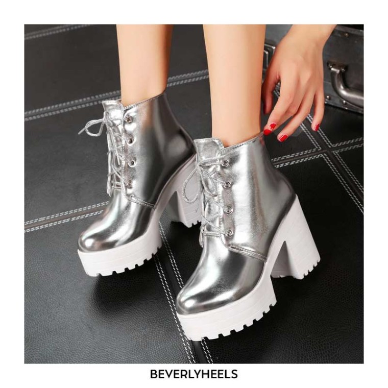 Lib Round Toe Chunky Heels Platforms Ankle High Lace Up Metallic Boots ...