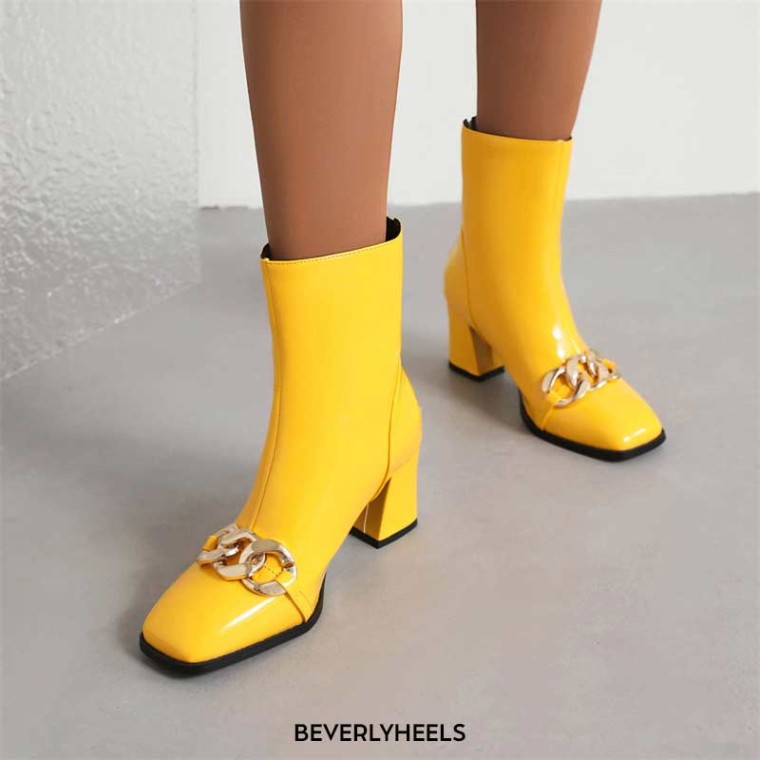 Lib Square Toe Chunky Heels Side Zipper Ankle Highs Patent Boots ...