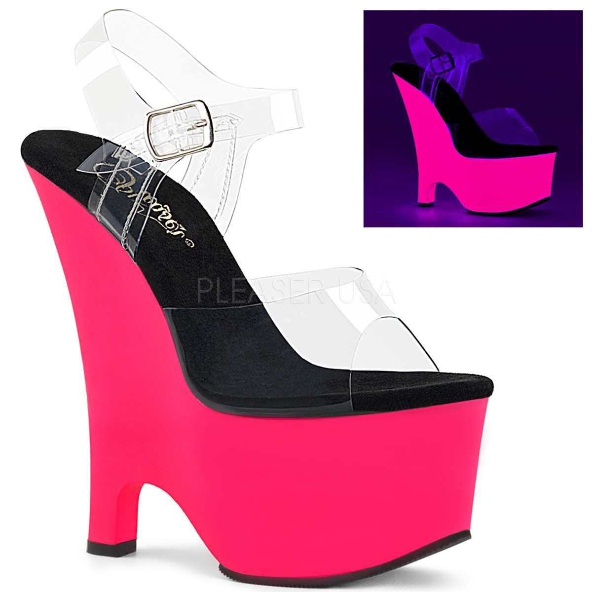 Pleaser Beau-608UV - Clear Neon Pink in Sexy Heels & Platforms - $61.38