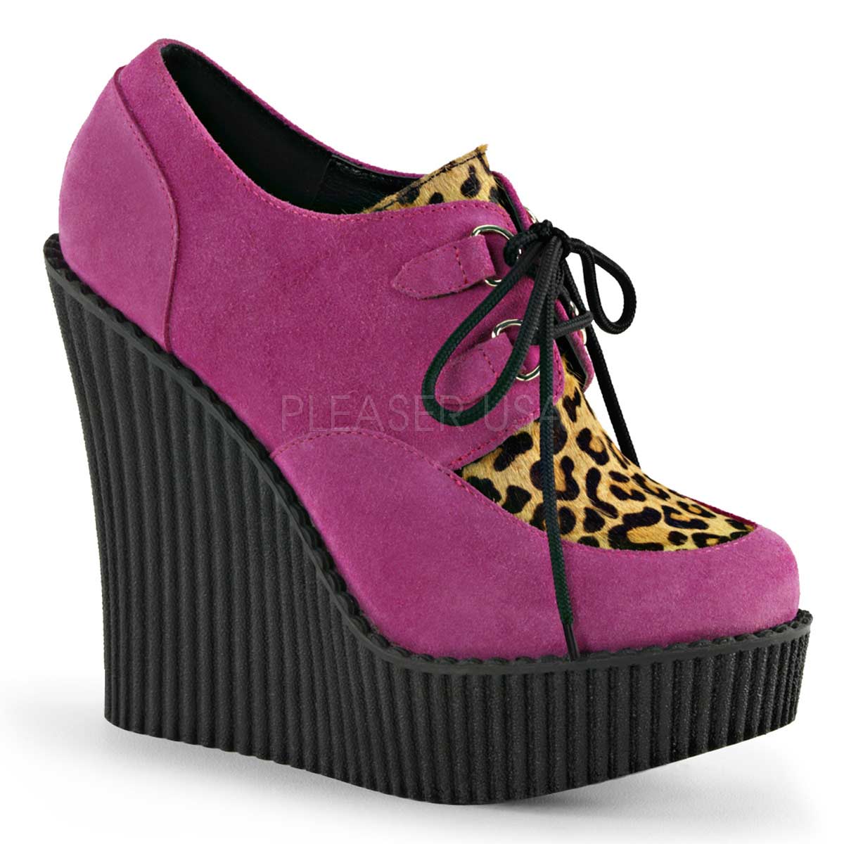 Pleaser CREEPER-304 - Baby Pink Vegan Suede Leopard Printed Pony in ...