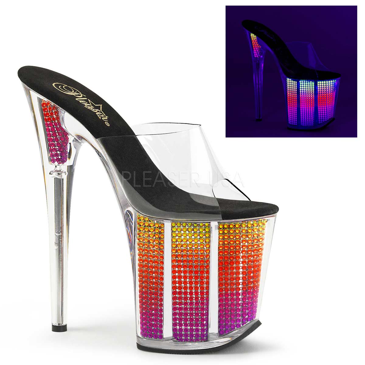 Pleaser Flamingo-801SRS - Clear Neon Multi Rhinestones in Sexy Heels ...
