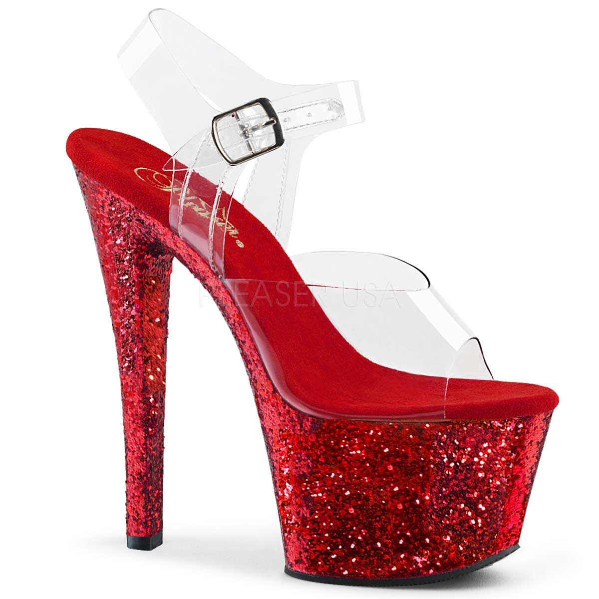 Pleaser Sky-308LG - Clear Red Glitter in Sexy Heels & Platforms - $50.15