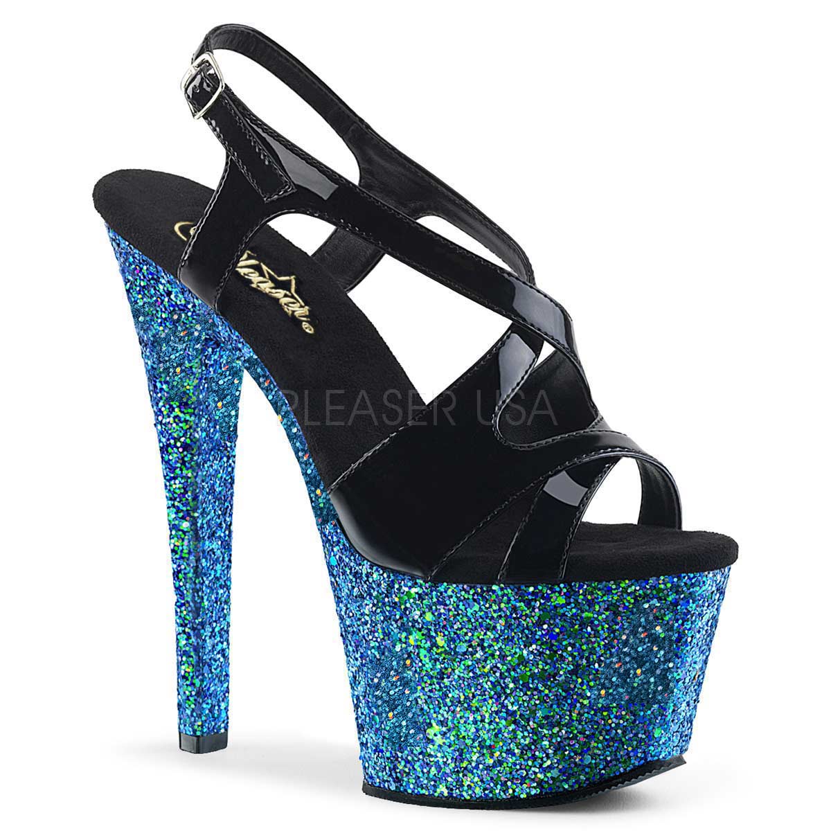 Pleaser Sky-330LG - Black Pat Blue Multi Glitter in Sexy Heels ...