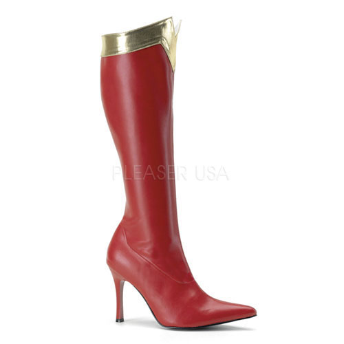 Pleaser Funtasma Wonder-130 - Red-Gold Stretch Pu in Sexy Boots - $56.31